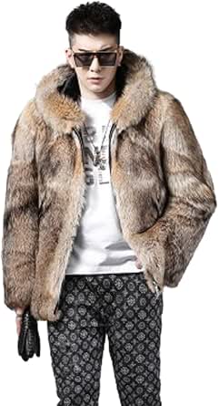 Denny&Dora Men's Brown Wolf Fur Coat - Hooded Winter Warm Jacket Wolf ...