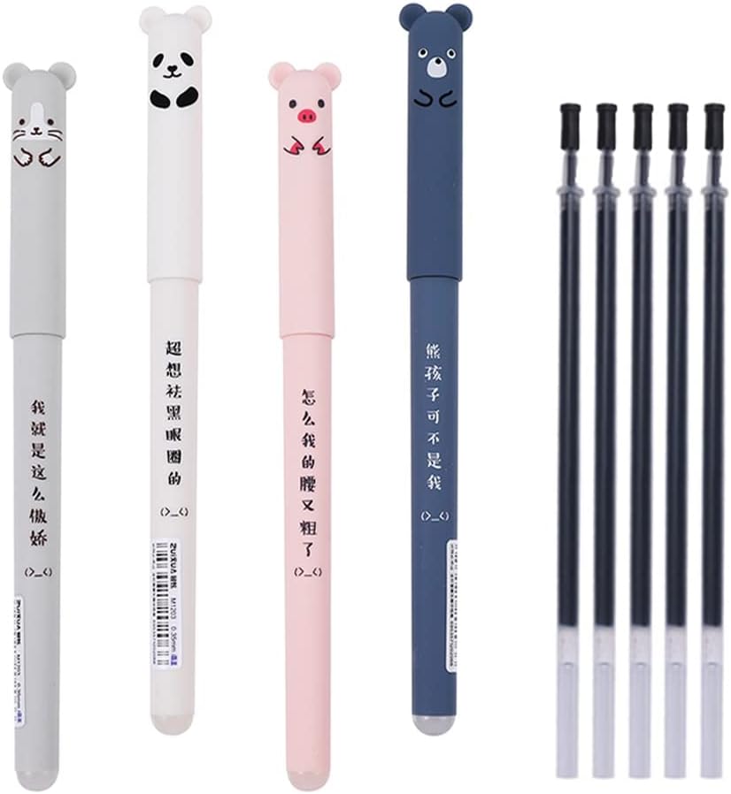 4 Pcs Gel Pen 0.35mm Black Ink Animal Gel Pen Erasable Pig Panda Mouse ...