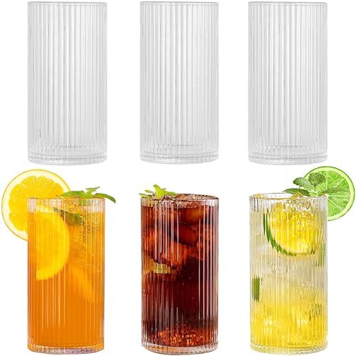 megarte Ribbed Glassware Vintage Drinking Glasses - 13 Oz Glassware Set ...