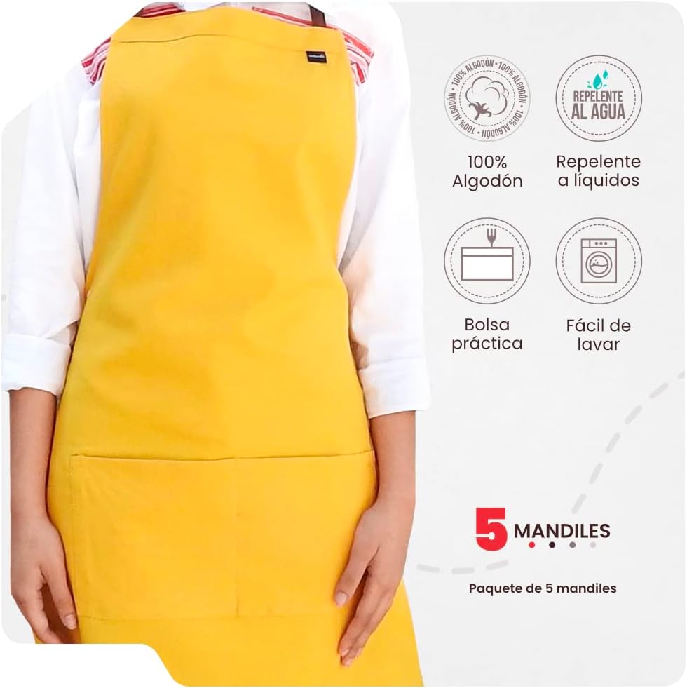 AMBORELLA, Mandil de Cocina Amarillo, Paquete de 5 Delantales ...