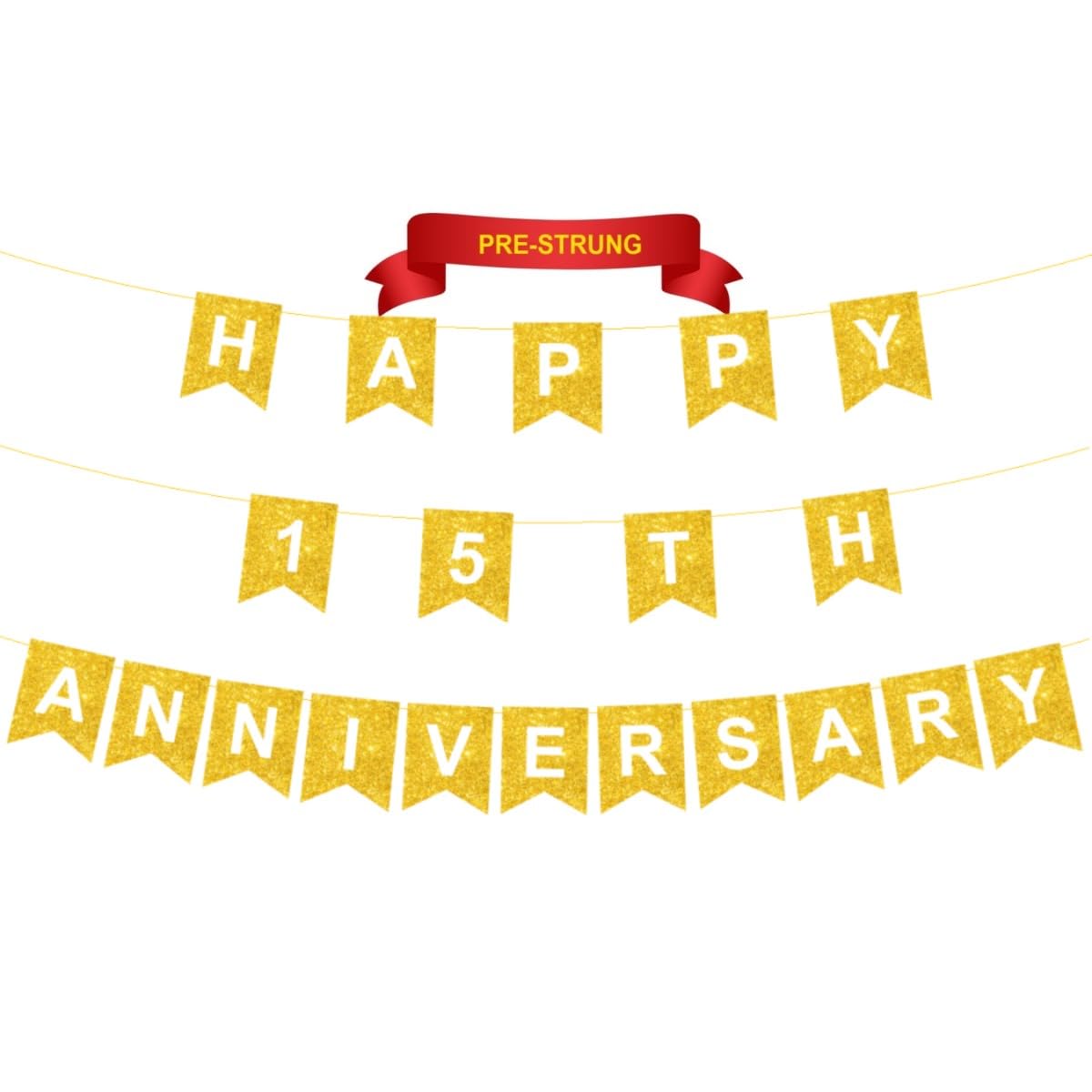 Amazon.com: HAPPY 15TH ANNIVERSARY Banner, PRE-STRUNG, Gold Glitter ...