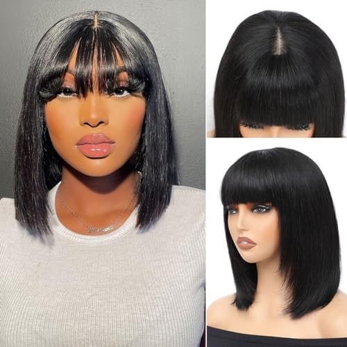 Amazon.com : 12 Inch Straight Bob Wig with Bangs Human Hair Ready to Go ...