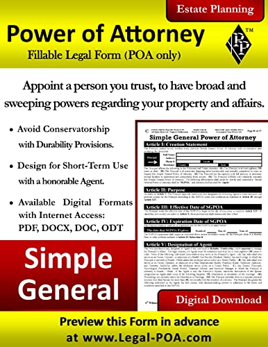 Amazon.com: Simple General Power of Attorney: Fillable Legal Form ( POA ...
