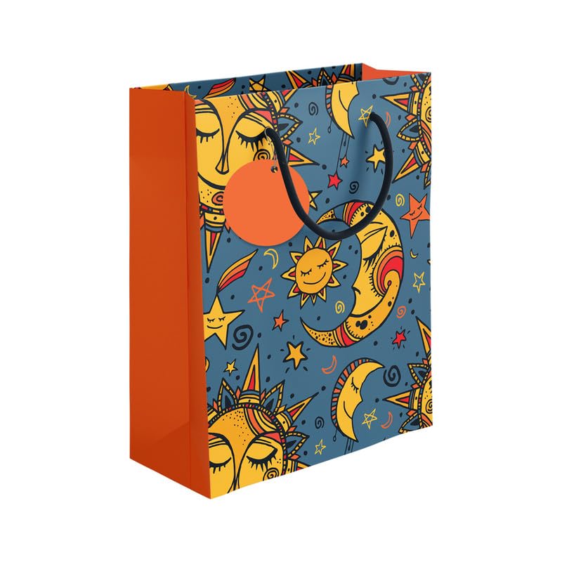 PaperPep Blue Yellow Sun Moon Print 9"X7"X4" Gift Paper Bag Pack of 6 ...