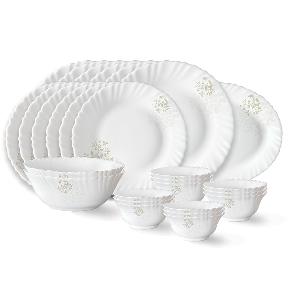 Larah by Borosil Ingot Fluted Series Opalware Dinner Set | 27 Pieces ...