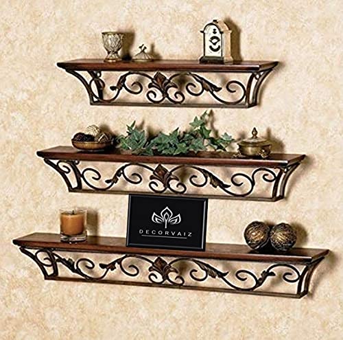 DECORVAIZ Wooden & Wrought Iron Wall Shelves - Set Of 3 : Amazon.in ...