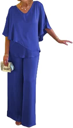 Plus Size Gray Double Layer Tunic Pantsuit,Women's 2 Piece Solid V-Neck ...