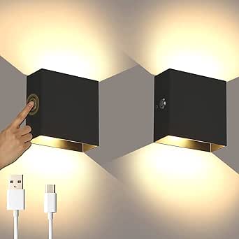 6W Battery Powered LED Wall Light Indoor with Switch, Set of 2 Touch ...