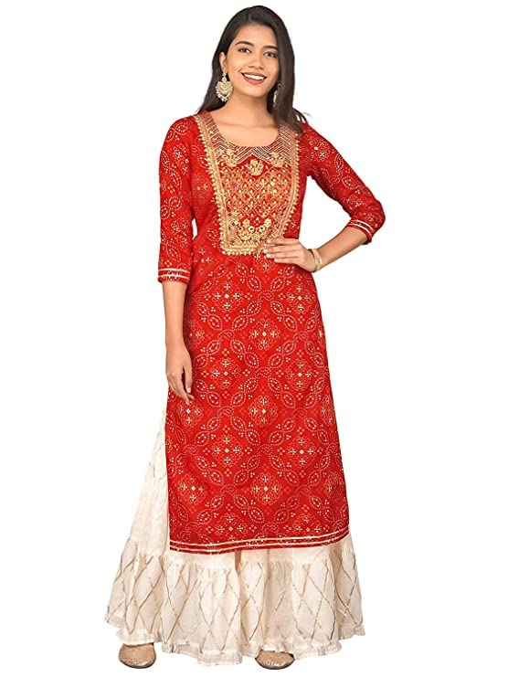 Buy Paliwal Women's Rayon Straight Golden Foil Printed Red Kurta with ...
