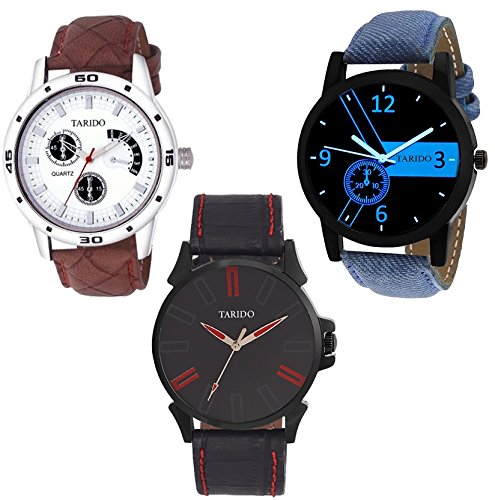 Tarido Black & White & Blue Round Dial Analog Wrist Combo Watch for Man ...