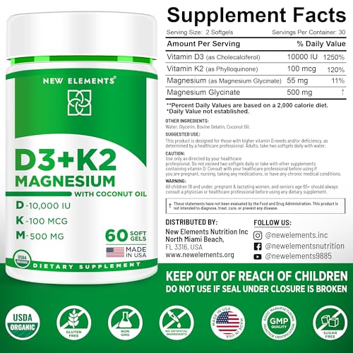 New Elements - Vitamina D3 e K2 Softgels Orgânicos para Mulheres e ...