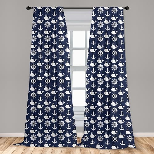Navy Blue Maritime Whales Anchors Nautical Curtains