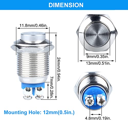 Snapklik.com : 2Pcs 12mm High Round Head Momentary Metal Waterproof Push Button Switch 1/2 ...