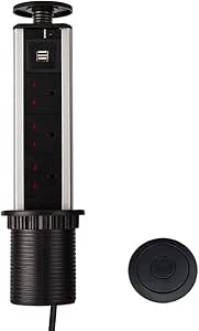 Pull Pop Up Electrical Plug Socket with USB for Kitchen Worktops (Black ...