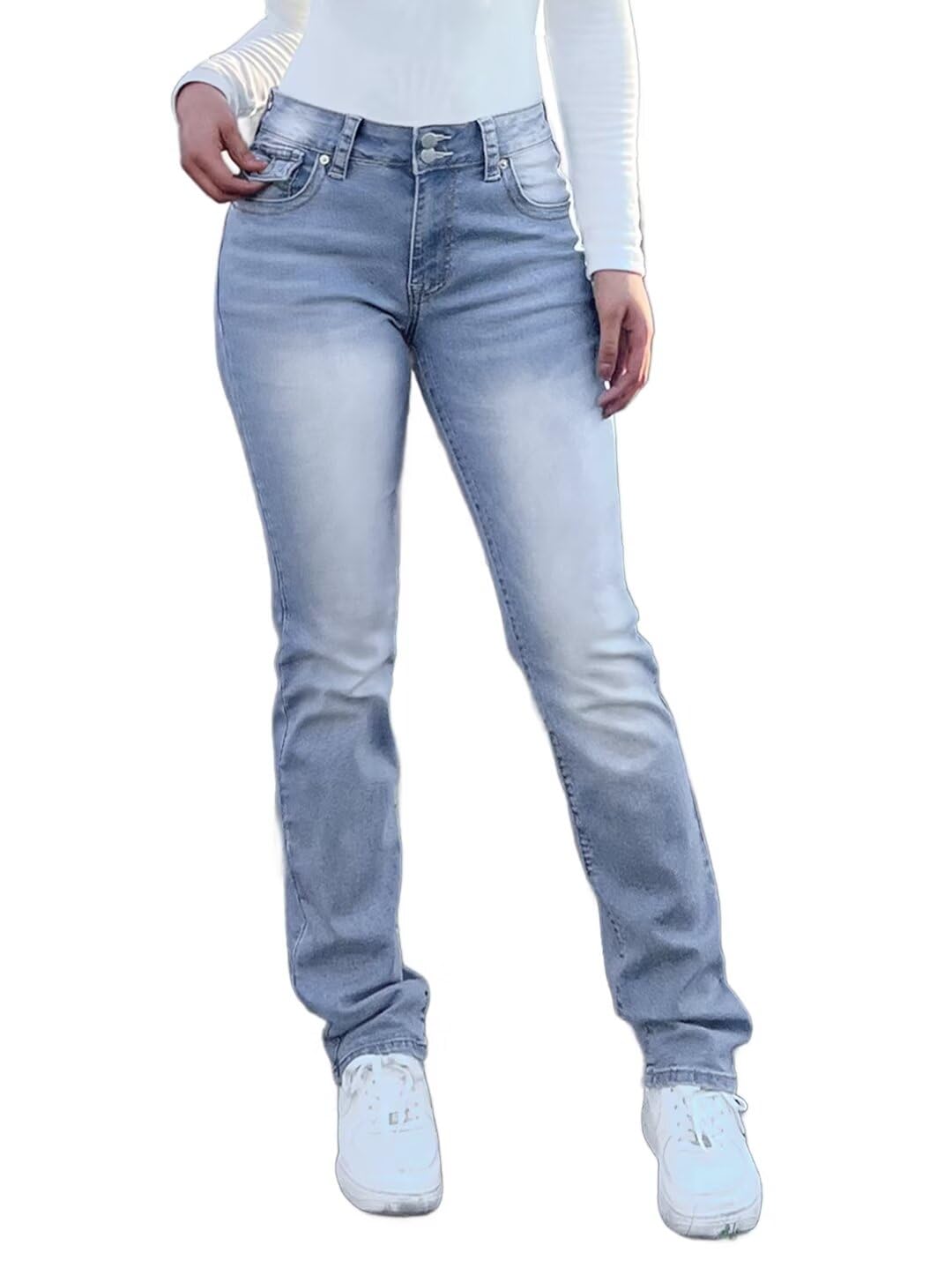 Flamingals Women's Straight Leg Jeans Mid Waist Bootcut Jeans Double ...