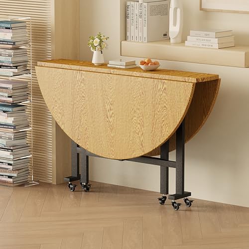 Round Drop Leaf Dining Table with Wheels - Convertible, Space-Saving ...