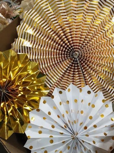 Amazon.com: Gold Hanging Paper Fans Rosettes Party Decorations Fiesta ...