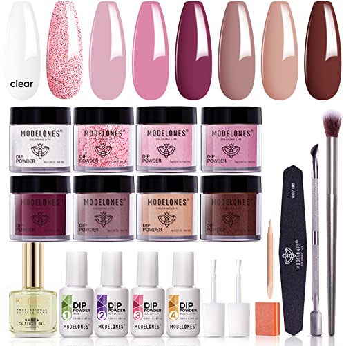 Modelones 20 Pcs Dip Powder Nail Kit Starter, 8 Colors Nude Pink Brown ...