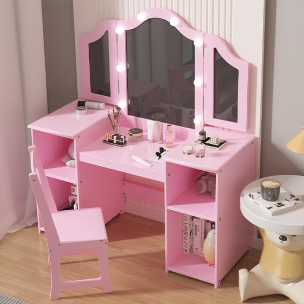 Amazon.com: GIMMYFIVE Princess Vanity Table & Chair Set - 2-in-1 Design ...