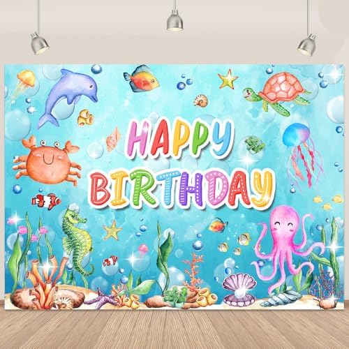 Amazon.com : Ocean Animal Happy Birthday Backdrop for Kids Blue Under ...