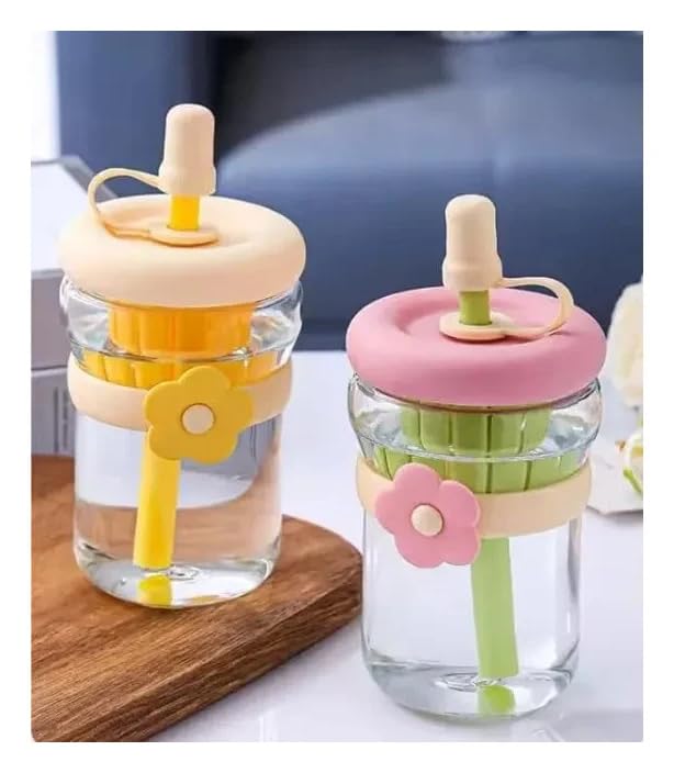 AURASOFT 500ml Glass Sipper Bottle with Flower Band – 2 Pc Multicolor ...