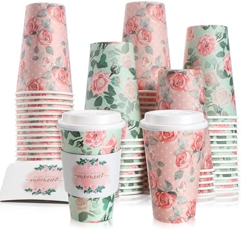 Amazon.com: Jingmore 50 Set 16 oz Floral Disposable Coffee Cups with ...