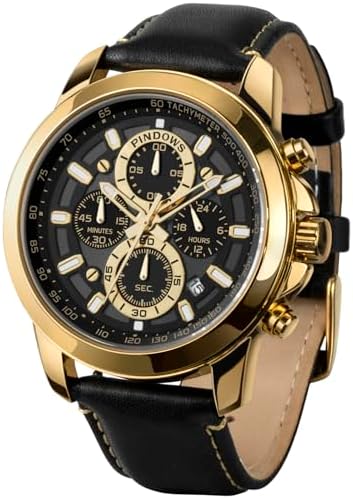 PINDOWS Watch for Men Analog Quartz Chronograph Waterproof Luminous Wrist Watches with Leather ...