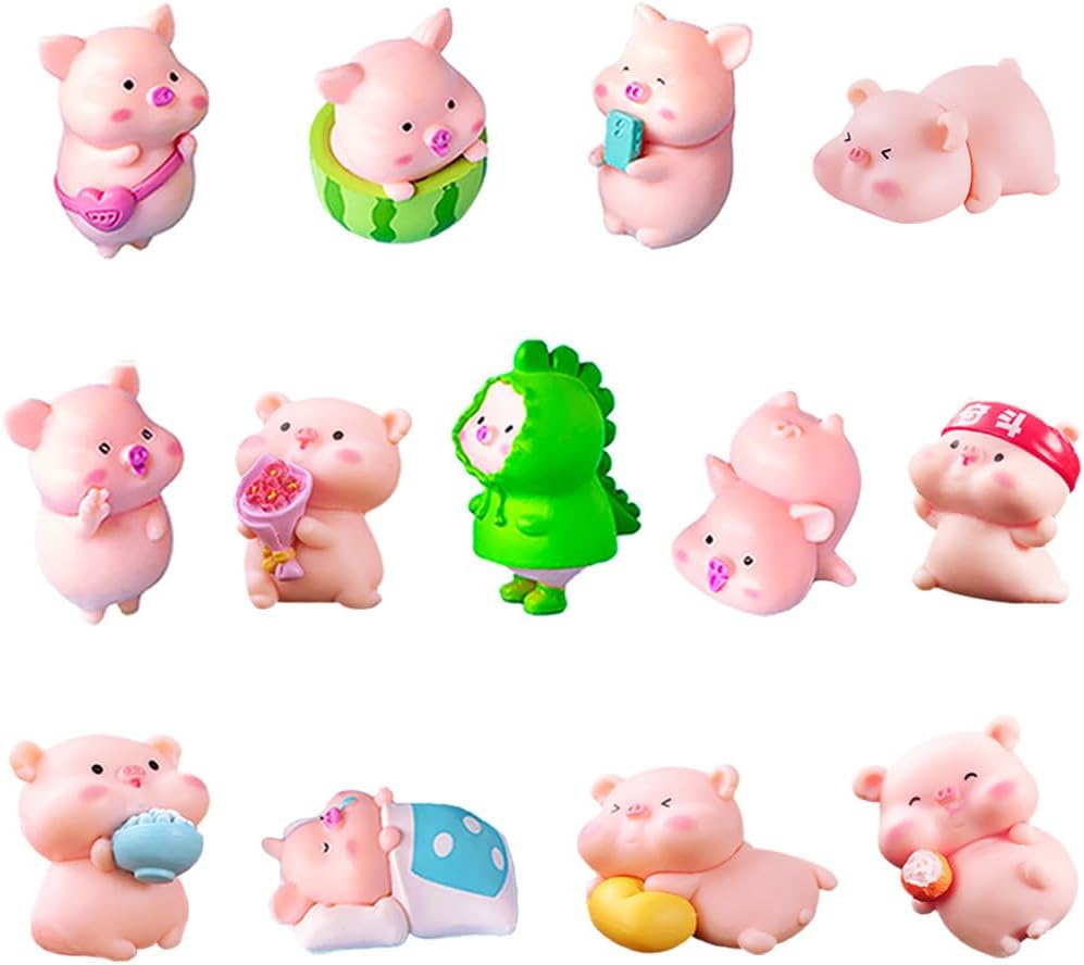 Amazon.com: 13 Pieces Cute Pink Piggy Miniature Figurines Pig Cake ...