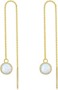 Amazon.com: Pull Through Earrings 14K Solid Gold Threader Earrings For Women Dainty Birthstone ...