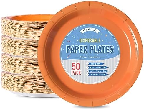 Amazon.com: Tyzarglef Disposable Paper Plates Orange, 50 Count 7 ...
