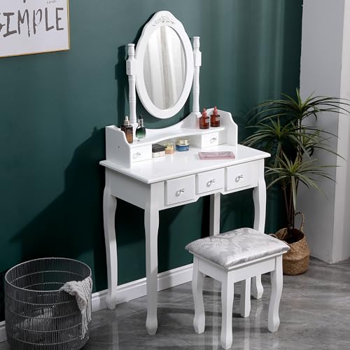 AVC Designs White Dressing Table, Oval Mirror & Stool Set (5 Drawer ...