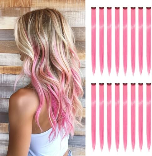 Amazon.com : HappClan Hot Pink Hair Extensions, 16 Pcs Deep Pink Clip ...