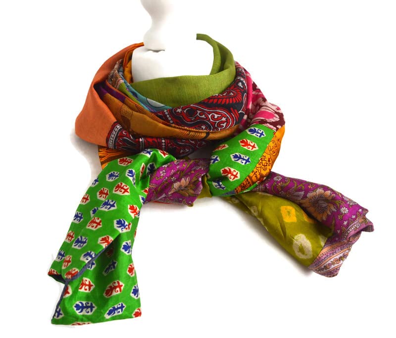 Patchwork Upcycled Sari Silk Scarf - Recycled Sari Handmade Pure Silk ...