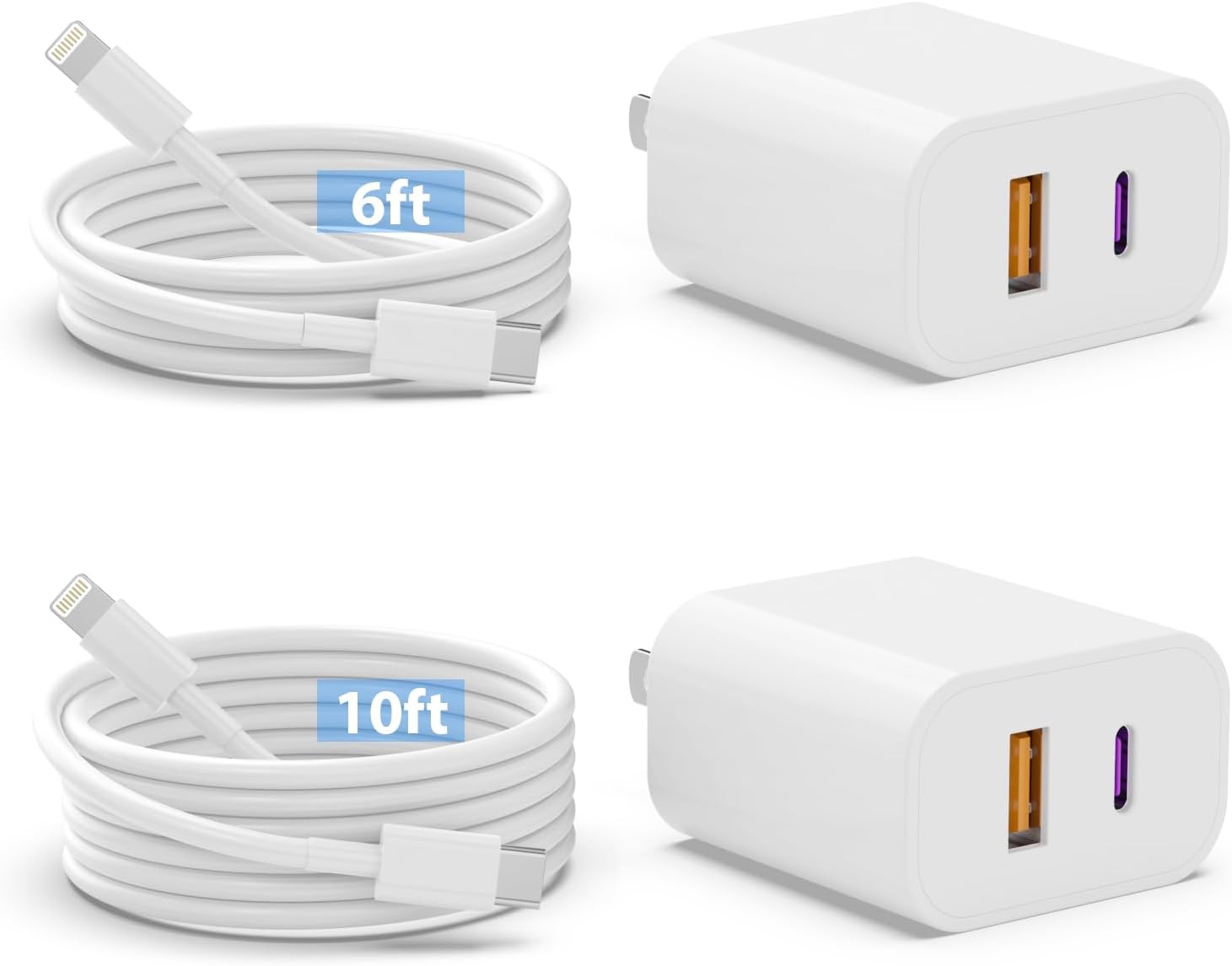 Amazon.com: iPhone 20W Dual Port USB C Fast Charger (2-Pack, 6FT & 10FT ...