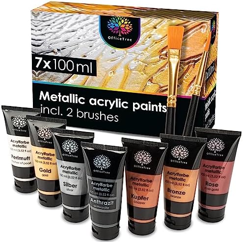 OfficeTree 7x 100ml Metallic Acrylic Paints Set - Water-Based, Non ...