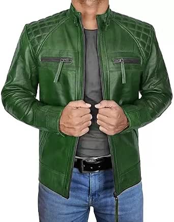 Trendy Jacket Mens Cafe Racer Motorcycle Green Leather Jacket, Quilted ...