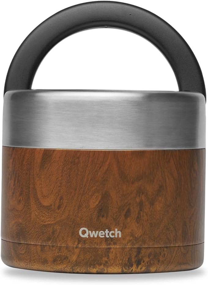 QWETCH - Insulated Stainless Steel Lunch Box with Handle - Wood 850 ml ...