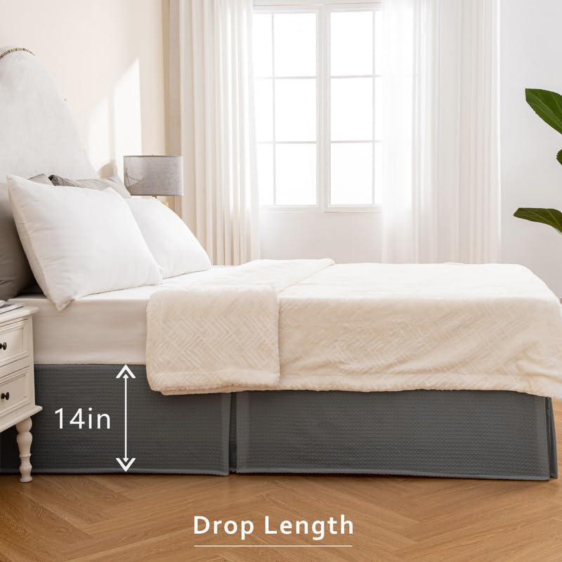 MIYE Pleated Waffle Weave Bed Skirt, Tailored Dust Ruffle 14 Inch Drop ...