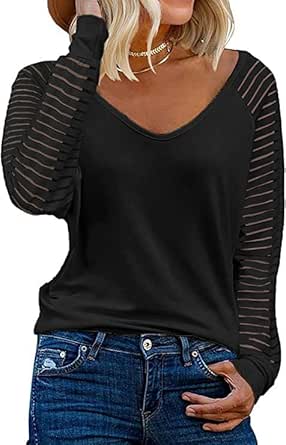 Amazon.com: Mesh Long Sleeve Tops for Women Striped Sheer Lace Raglan ...
