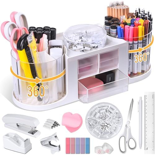 Amazon.com: MIXVOVA Desk Organizer with 2 Drawers, Rotating Pen Holder ...
