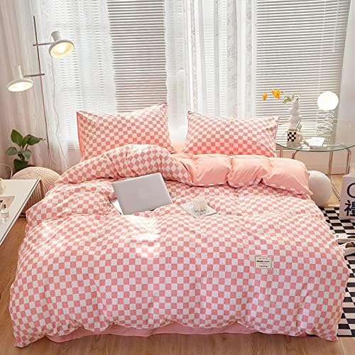 Amazon.com: Pink Bedding Twin Duvet Cover Set, Soft 100% Cotton Grid ...