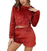 ROJZR Womens Fuzzy Fleece Pajamas Shorts Set Long Sleeve Crop Top Comfy ...