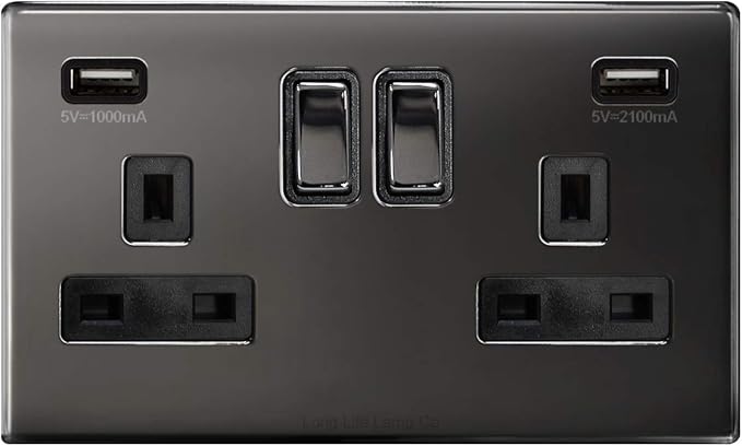 Polished Black Nickel USB Double Wall Plug Socket 2 Gang 13A with 2 USB ...