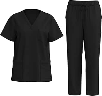 Amazon.com: Scrubs Set Multiple Pockets V-Neck Top and Drawstring Scrub ...