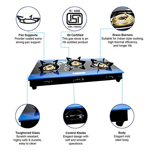 Milton Premium 3 Burner Blue Toughened Glass Top LP Gas Stove, Manual ...