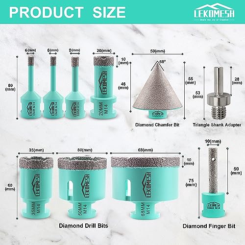 LEKOMESH Tile Drill Bits Kit – 10pcs (6/6/8/20/35/50/68mm+10mm Finger ...