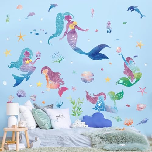 Amazon.com: 2 Sheets Large Mermaid Wall Decals Glitter Peel Stickers ...