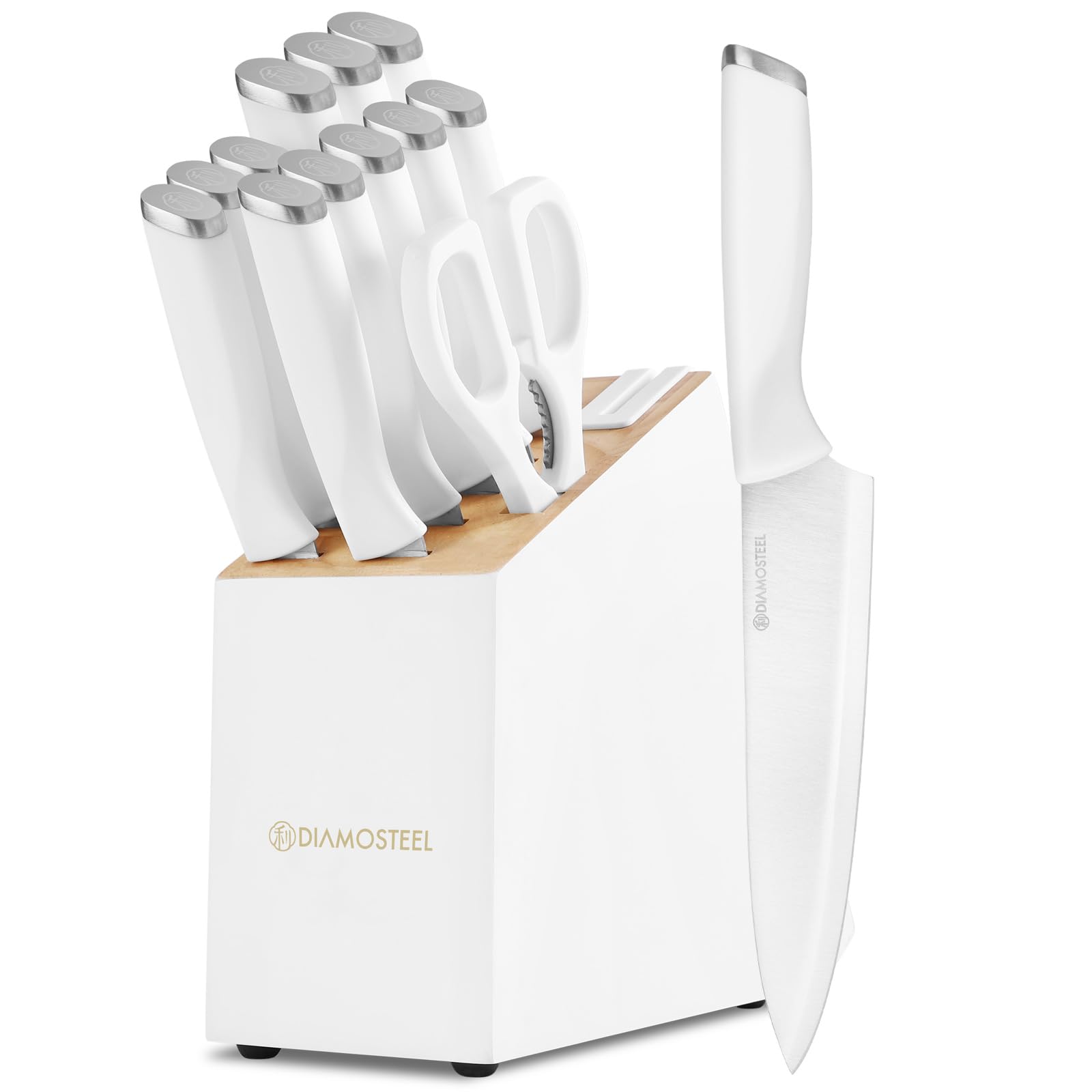 Amazon.com: diamosteel 13 Pieces White Knife Block Set with Built-in ...
