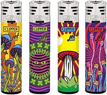 Zactly 4 x Clipper Jet Lighter Set RARE MUSHROOMS Silver Top Windproof ...