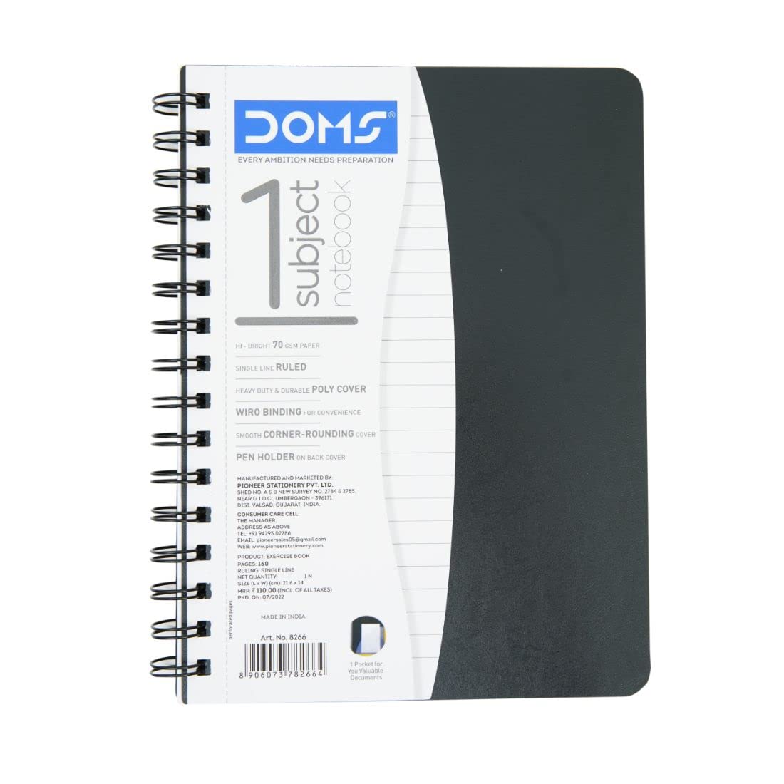 Doms 1 Subject Poly Cover Wiro Notebook | 70 GSM, Single Line, 160 Pages | 21.6 x 14 CM | The ...